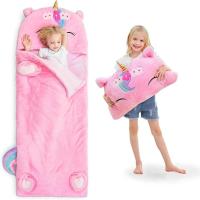 China Unicorn Toddler Nap Mat 2-in-1 Sleeping Bag 70x27 Inch Pink Plush Pillow for Girls Age 1-8 for sale