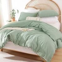 China Sage Green Bohemian Microfiber Comforter Set with Pom Fringe - 3-Piece Set in 79x90, 90x90, 104x90 Sizes for sale