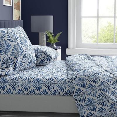 China Super Soft Wrinkle Resistant Blue Indigo Palms Pattern Microfiber Bedding Set 4 Sizes for sale