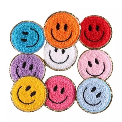 China Custom Smile Face Glitter Chenille Iron On Patches 0.8mm-3.5mm Decorative Clothing Stickers for sale