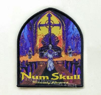 China Custom Corrosion of Conformity Skull Logo Woven Label Patch Pantone Metallic Color 100 PCS MOQ for sale