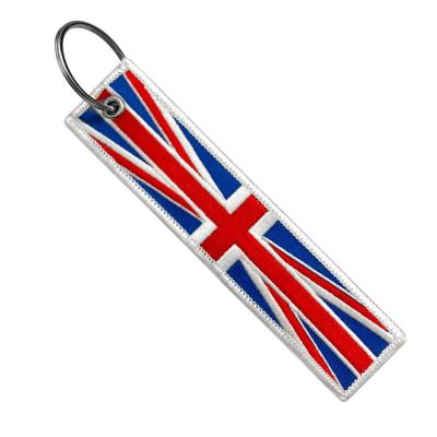 China Custom 130x30mm Embroidered UK Flag Motorcycle Keychain with Metal Ring Attachment for sale