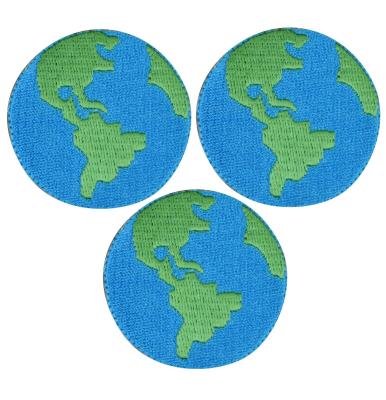 China Custom Planet Earth World Iron On Embroidered Badge Patches Blue Merrow Border 150mm for sale