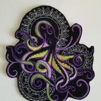 China Custom Octopus Embroidered Patch Blue Merrow Border Embroidery Designs for sale