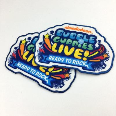 China Custom Dye Sublimation Patch Merrow Edge Logo Full Color MOQ 100pcs for sale