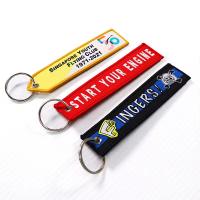 China Custom Embroidered Keychain 130x30mm Cotton Double-Faced Jacquard Woven Logo Key Ring for sale