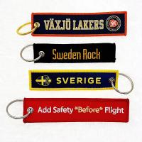 China Custom Embroidered Keychain 130x30mm Cotton Double-Faced Jacquard Woven Logo Key Ring for sale