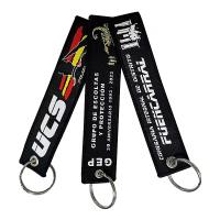 China Custom Polyester Woven Keychain 100pcs MOQ Personalized Logo Fabric Key Tag for sale