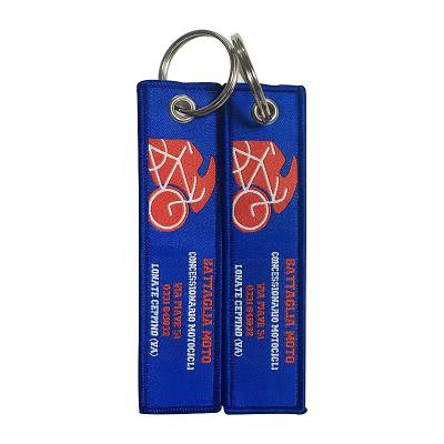 China Custom Double Sided Woven Keychain 100pcs MOQ Polyester Logo Key Ring Promotional Gift for sale
