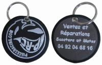 China Merrowed Borders Double Sided Twill Embroidery Woven Keychain PMS for sale
