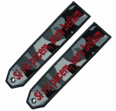 China Custom Merrow Border Embroidery Key Tags 130x30mm Para Bellum Keychain for sale