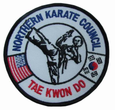 China Custom Taekwondo Embroidered Logo Patch 130x30mm Merrow Border Iron On Backing for sale