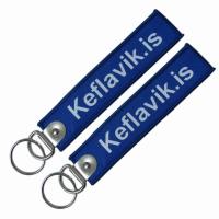 China Custom Woven Keychain 130x30mm Merrowed Border Pantone Embroidery with Eyelet and Big Ring for sale