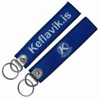 China Custom Woven Keychain 130x30mm Merrowed Border Pantone Embroidery with Eyelet and Big Ring for sale