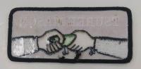 China 12C Handshake Embroidered Badge Patches Pantone Washable Offset Printing for sale