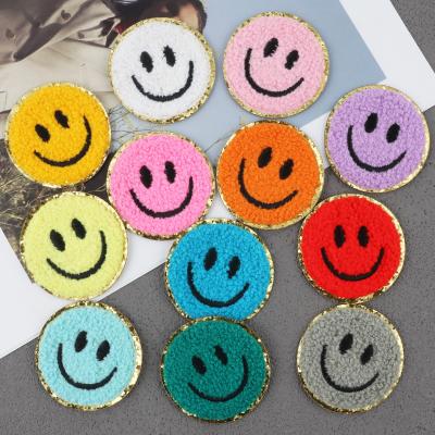 China Custom Chenille Smile Face Iron On Patches 2.3 Inch Decorative Embroidery for Clothes DIY for sale