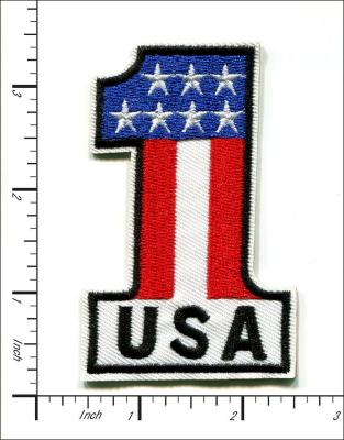 China Custom Embroidered Iron On Patches Number One USA Flag Logo 100mm Wide for sale