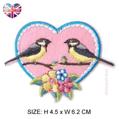 China Custom Embroidered Love Heart Twin Birds Patch Iron On Sew On 100mm Badge for sale