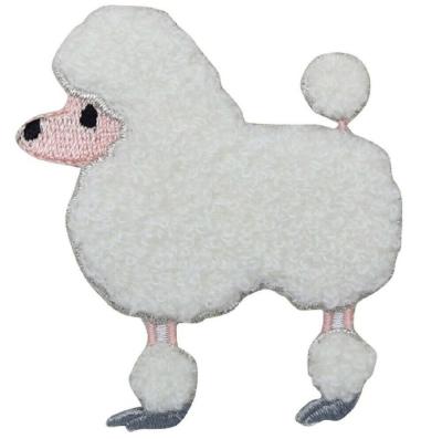 China Custom Chenille Poodle Patch White Dog Applique 2-5/8 Inch Iron On Badge for sale