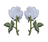 China Custom Embroidered Rose Flower Patch Iron On Backing Merrow Border 2Pcs White for sale