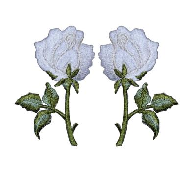 China Custom Embroidered Rose Flower Patch Iron On Backing Merrow Border 2Pcs White for sale