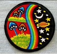 China Space Mushroom Custom Embroidered Patch Iron On Backing Twill Fabric Background for sale