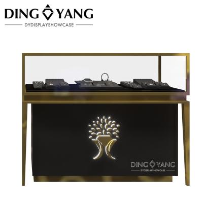 China Brush Golden Stainless Steel Custom Jewelry Showcase Match Black Wooden Storage With Lighting for sale
