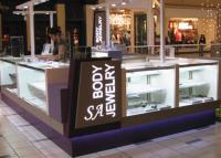 China Easy Install Jewelry Showcase Kiosk Attractive Purple Color Coating Wooden Material for sale