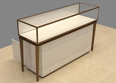 China Easy Install Custom Glass Display Cases Beige Wooden Stainless Steel Frame for sale