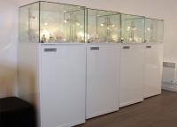 China Material Wooden White Lighting Retail Glass Display Cases / Museum Glass Case for sale