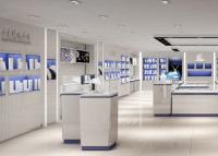 China Blue Color Decoration Showroom Display Cases Wood And Tempered Glass Material for sale