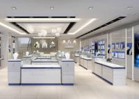 China Blue Color Decoration Showroom Display Cases Wood And Tempered Glass Material for sale