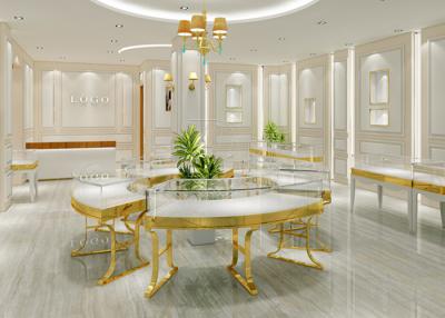 China Gold Stainless Steel Retail Glass Display Cases Luxury Wood Combined With Mirror for sale