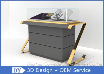China Luxury Modern Glass Jewelry Display Case Mirror Gold Stain Steel Matte Gray for sale