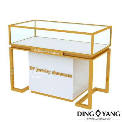 China Custom Made Shinning White Brush Gold Jewelry Table with Glass Display and Locks for sale