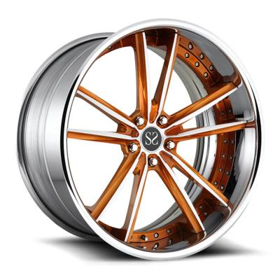 China 23cm 2 Piece Forged Wheels Orange Center Spoke Polished Barrel Lip Rims for sale