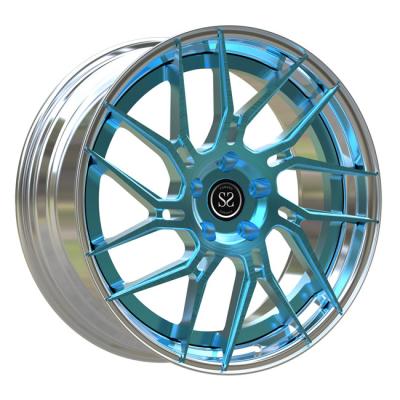 China 20*8.5 Polished 2 Piece Forged Wheels Blue Brushed Spokes For T6 Stepped Lip Rims for sale