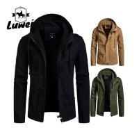 China Winter Windproof Thin Work Outwear Blank Utility Cardigan Buttons Long Drawstring Hooded Coat Trench Men Jacket for sale