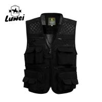 China Custom Design Zip Black Utility Outdoor Workwear Journalist Multi-pocket Sleeveless Fishing Men Vest with Mesh for sale