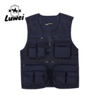 China Custom Design Zip Black Utility Outdoor Workwear Journalist Multi-pocket Sleeveless Fishing Men Vest with Mesh for sale