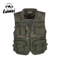 China Custom Design Zip Black Utility Outdoor Workwear Journalist Multi-pocket Sleeveless Fishing Men Vest with Mesh for sale
