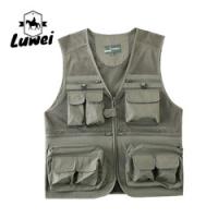 China Custom Design Zip Black Utility Outdoor Workwear Journalist Multi-pocket Sleeveless Fishing Men Vest with Mesh for sale