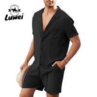 China Summer Men Shorts Set Plain Flax Cotton Breathable Solid Color Two Piece Suit for sale