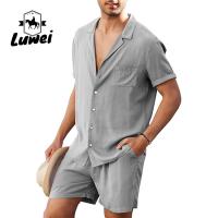 China Summer Men Shorts Set Plain Flax Cotton Breathable Solid Color Two Piece Suit for sale
