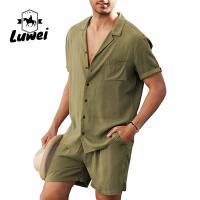 China Summer Men Shorts Set Plain Flax Cotton Breathable Solid Color Two Piece Suit for sale