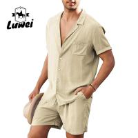 China Summer Men Shorts Set Plain Flax Cotton Breathable Solid Color Two Piece Suit for sale