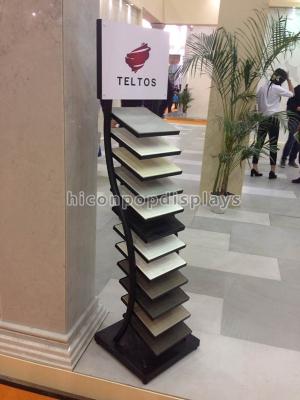 China Black Metal Tile Display Racks Free Standing Trade Showroom Display Rack Flooring for sale
