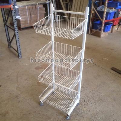 China Metal Wire Display Stand Free Standing With 4 - Layer Basket Holder / 4 Caster for sale