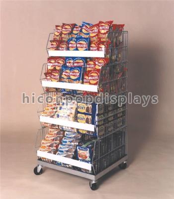 China Movable Retail Store Fixtures Freestanding 4 Layer Silver Metal Snack Display Stand for sale