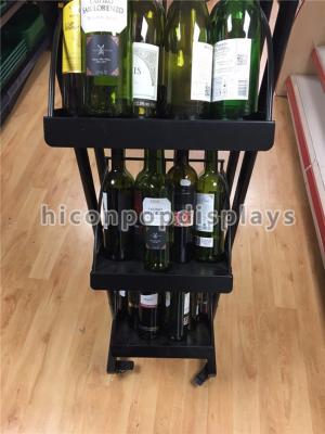 China 3 Shelves Mobile Soft Drink / Wine Display Stand Black Color With 4 Casters for sale